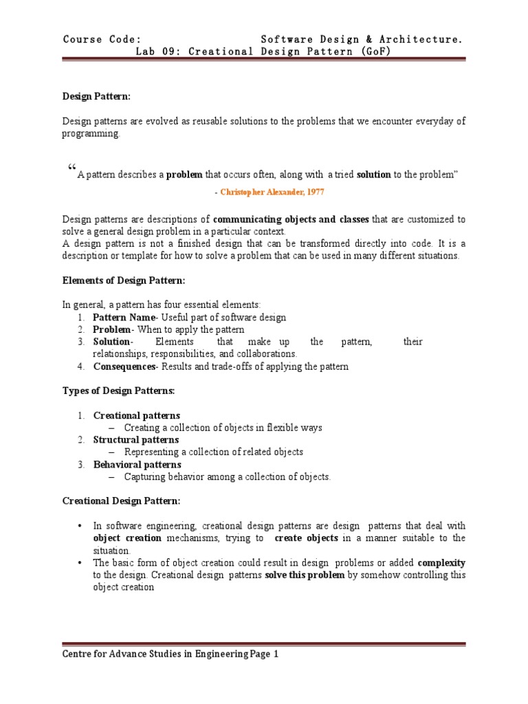 Lab 11 (Creational Design Pattern (GoF) ) | PDF | Software Design ...