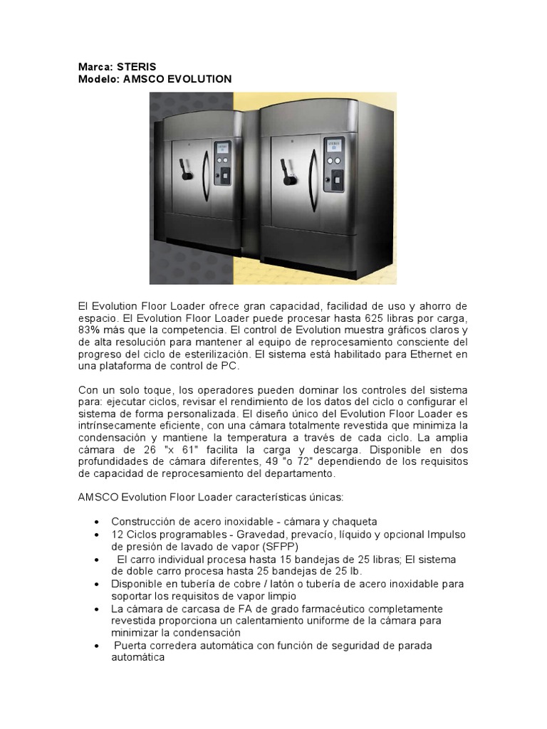Filla Descriptiva de Autoclaves de Vapor STERIS AMSCO EVOLUTION | PDF ...