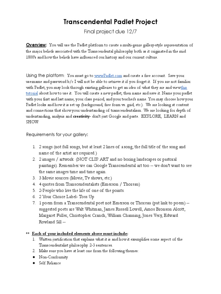 Transcendentalism Padlet Project Guide | PDF | Transcendentalism | Science