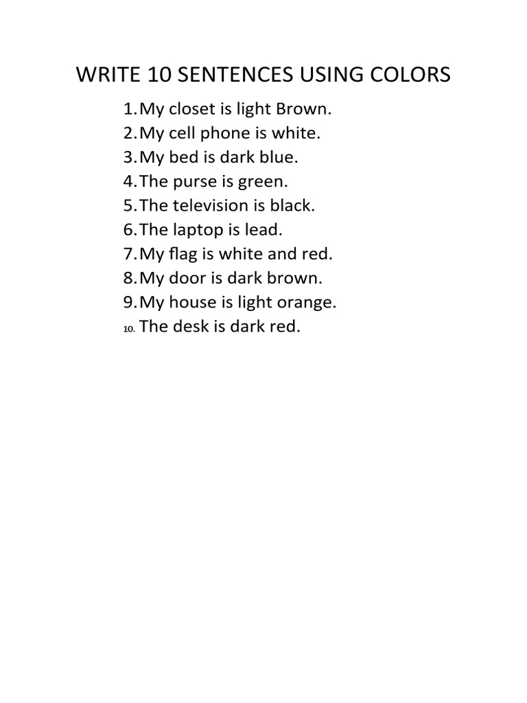 Write 10 Sentences Using Colors Ingles | PDF | Language Arts ...