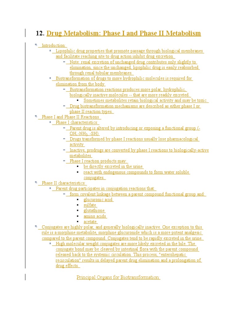 Drug Metabolism: Phase I and Phase II Metabolism: Principal Organs For ...
