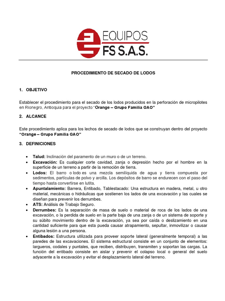 Procedimiento Lecho de Secado de Lodos | PDF | Barro | Herramientas