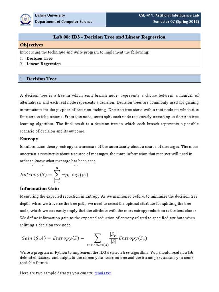 Lab 08: ID3 - Decision Tree and Linear Regression Objectives | Download Free PDF | Applied ...