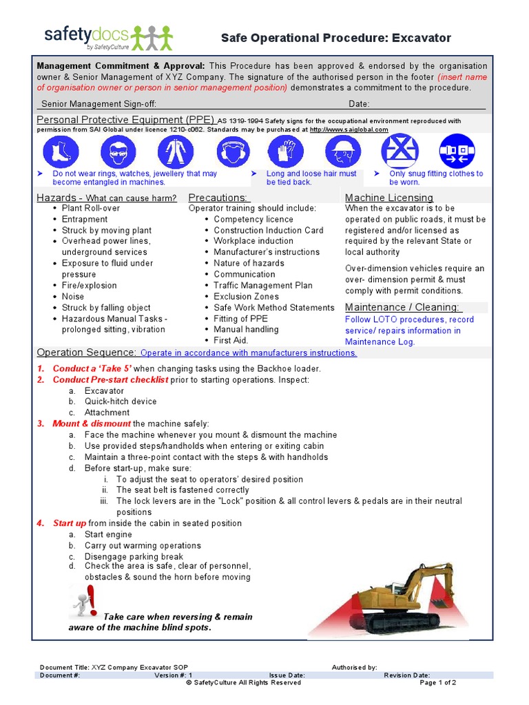 Safe Operational Procedure: Excavator: Personal Protective Equipment ...