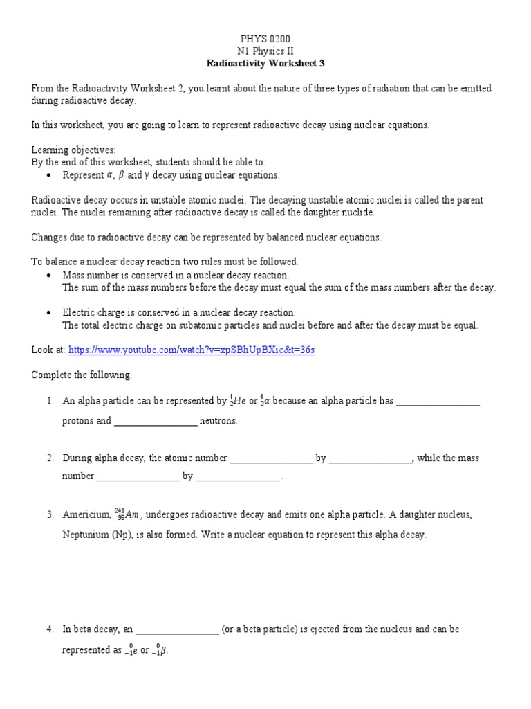 Radioactivity Worksheet | PDF | Radioactive Decay | Nuclear Reaction