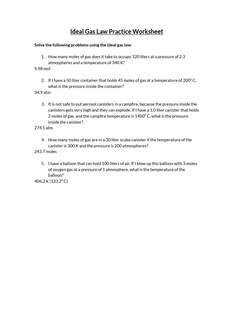 Ideal Gas Law Practice Worksheet | PDF