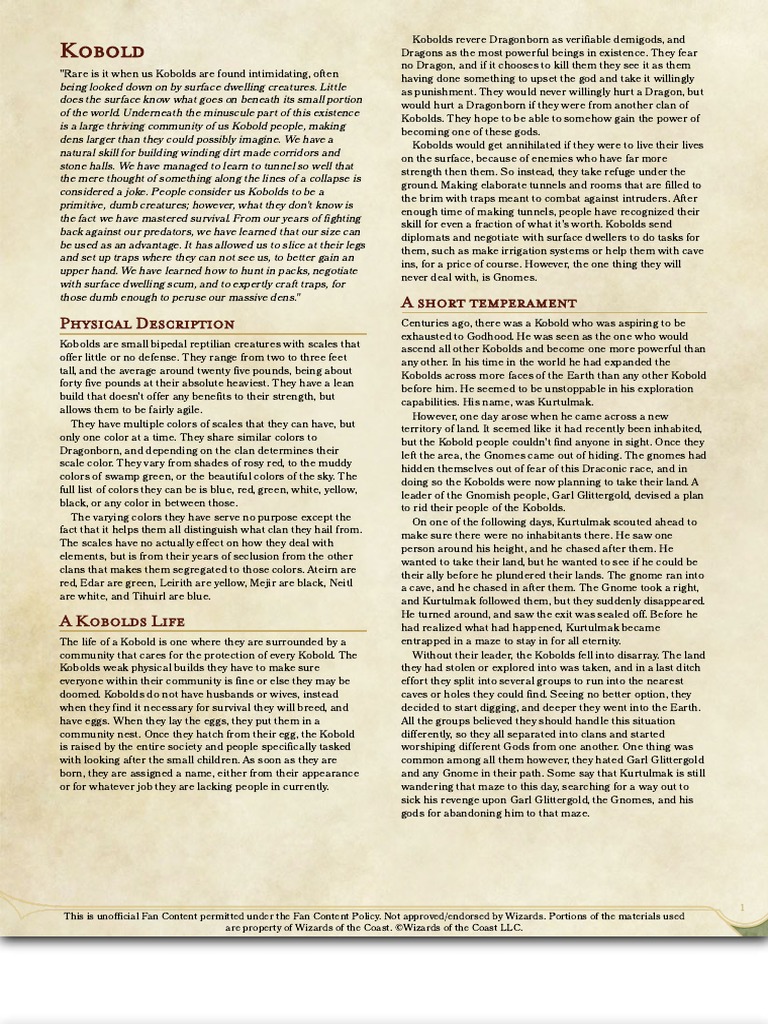 (Balanced) Kobold - A Redoing of The Race. - GM Binder | PDF | Trapping