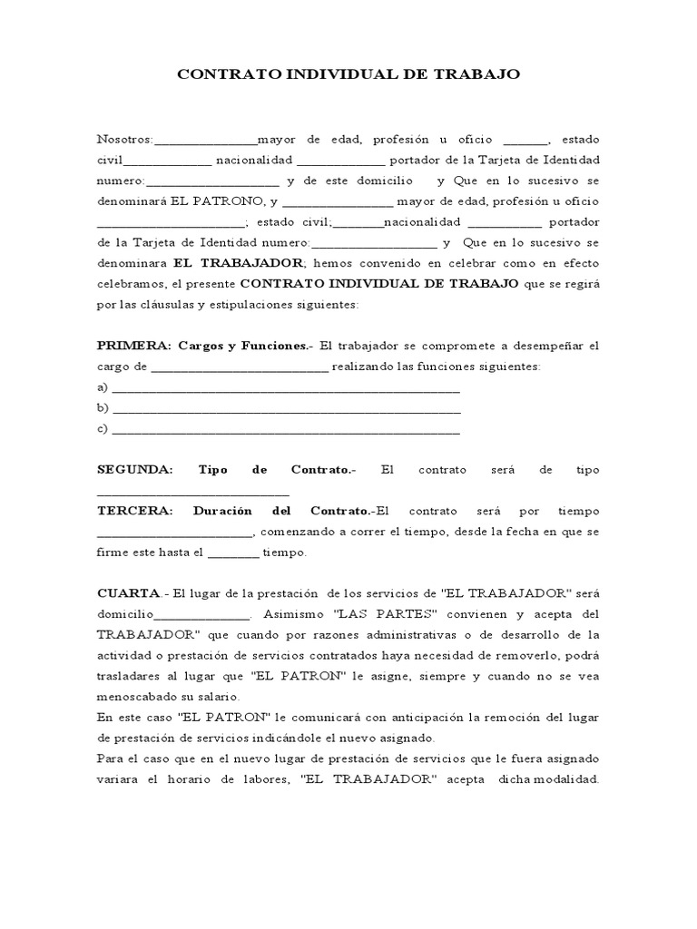 Modelo - Contrato - Individual de Trabajo - Formato Oficial | PDF | Salario | Labor