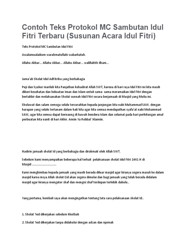 Contoh Teks Protokol MC Sambutan Idul Fitri Terbaru | PDF