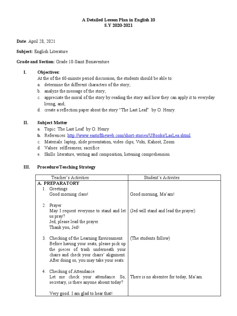 A Detailed Lesson Plan in English 10 | PDF | O. Henry | Lesson Plan