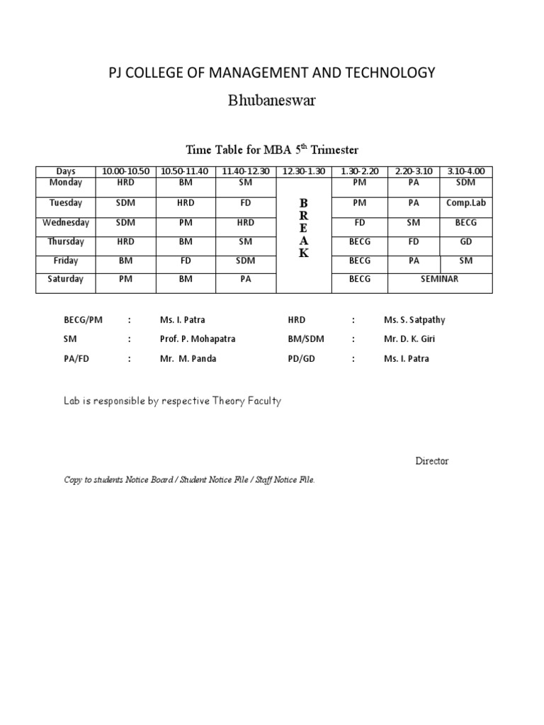 MBA 5th Trimester Time Table | PDF