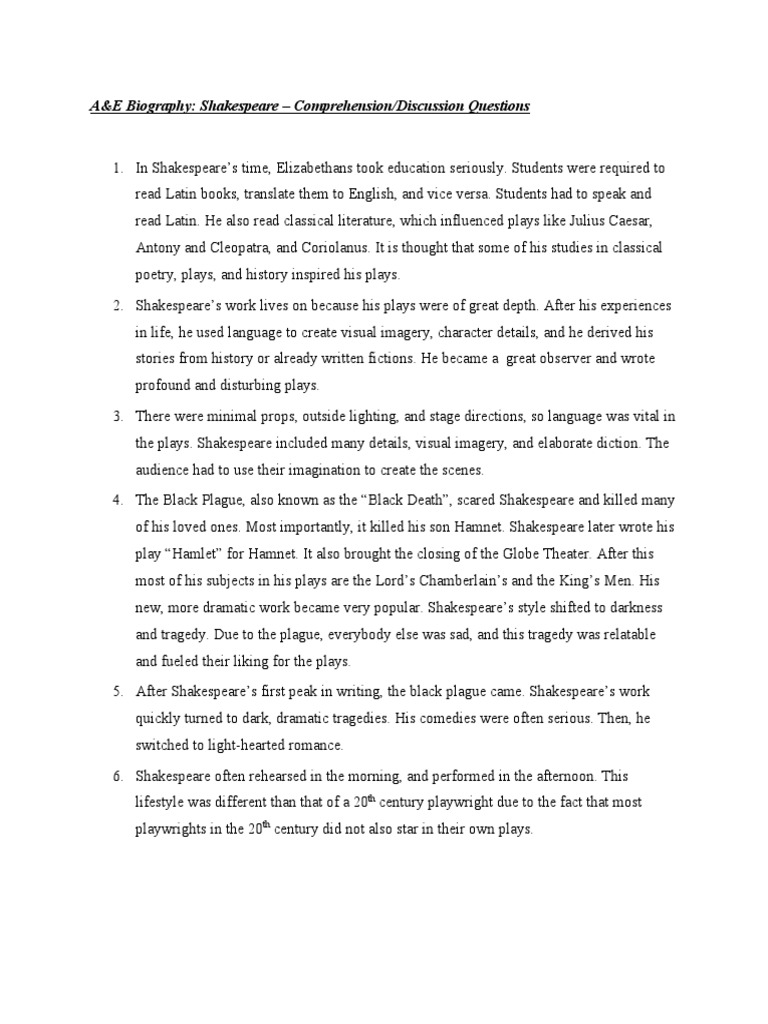 William Shakespeare A&E Biography Answer Questions | PDF | William ...