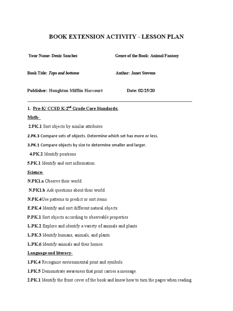 Book Extension Activity - Lesson Plan: Houghton Mifflin Harcourt | PDF ...