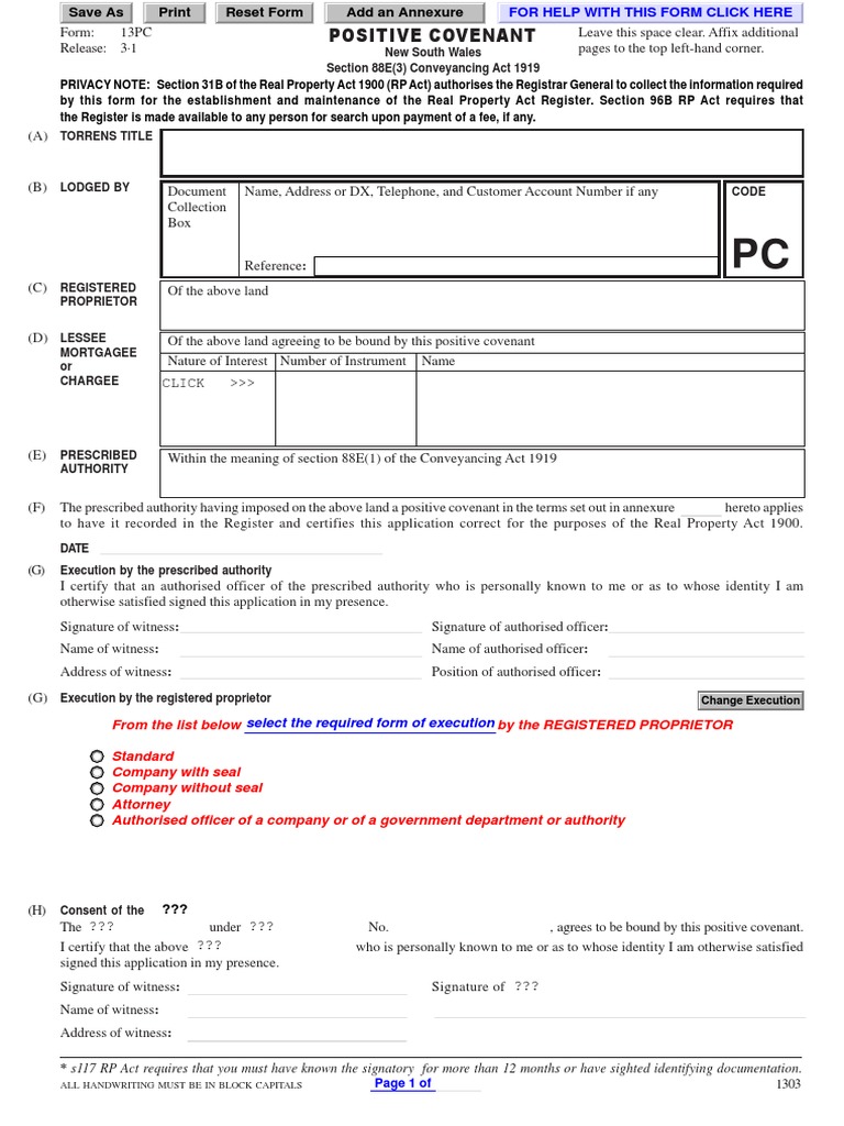 Positive Covenant: New South Wales Section 88E (3) Conveyancing Act ...