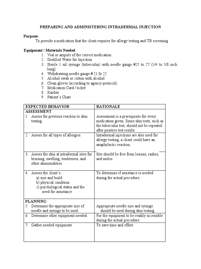 Preparing and Administering Intradermal Injection Purpose | Download ...