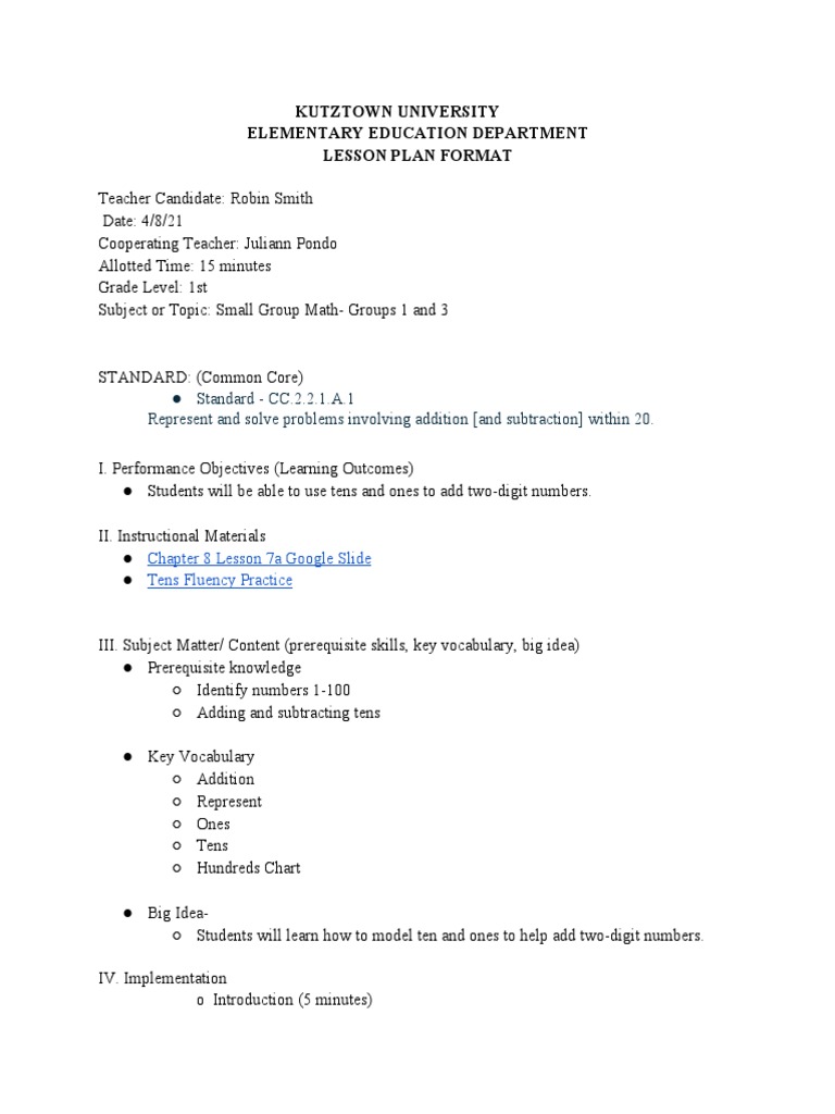 Kutztown University Elementary Education Department Lesson Plan Format ...