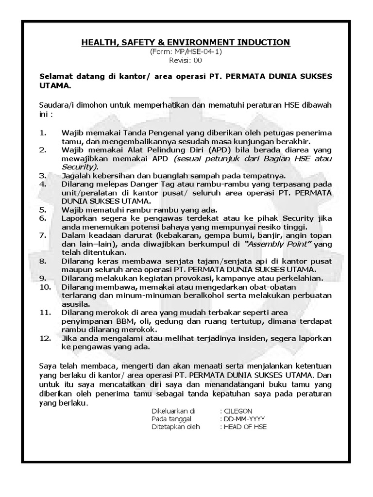 MP-HSE-04-1 Induksi HSE Tamu | PDF
