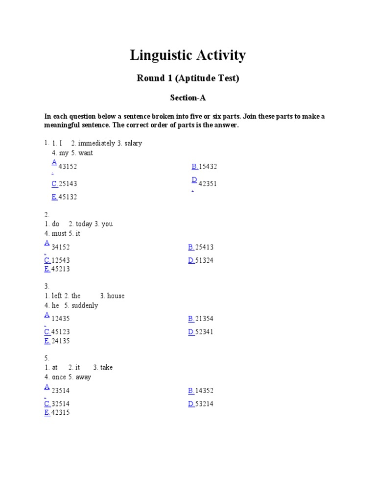 Linguistic Activity: Round 1 (Aptitude Test) | PDF | Force | Mass