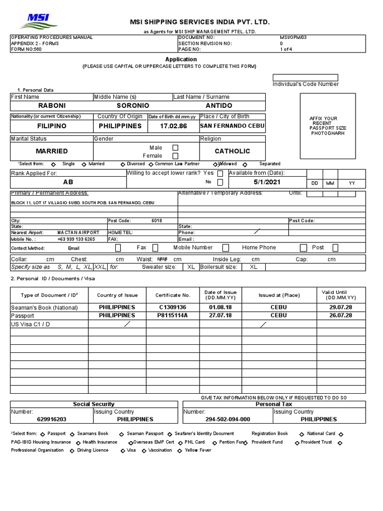 MSI Application Form (ANTIDO) | PDF | Oil Tanker | Ships