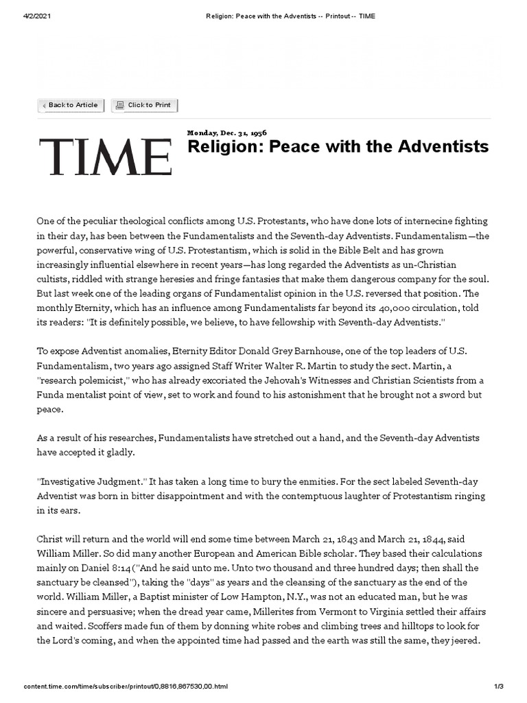 Religion - Peace With The Adventists - Printout - TIME | PDF | Seventh ...