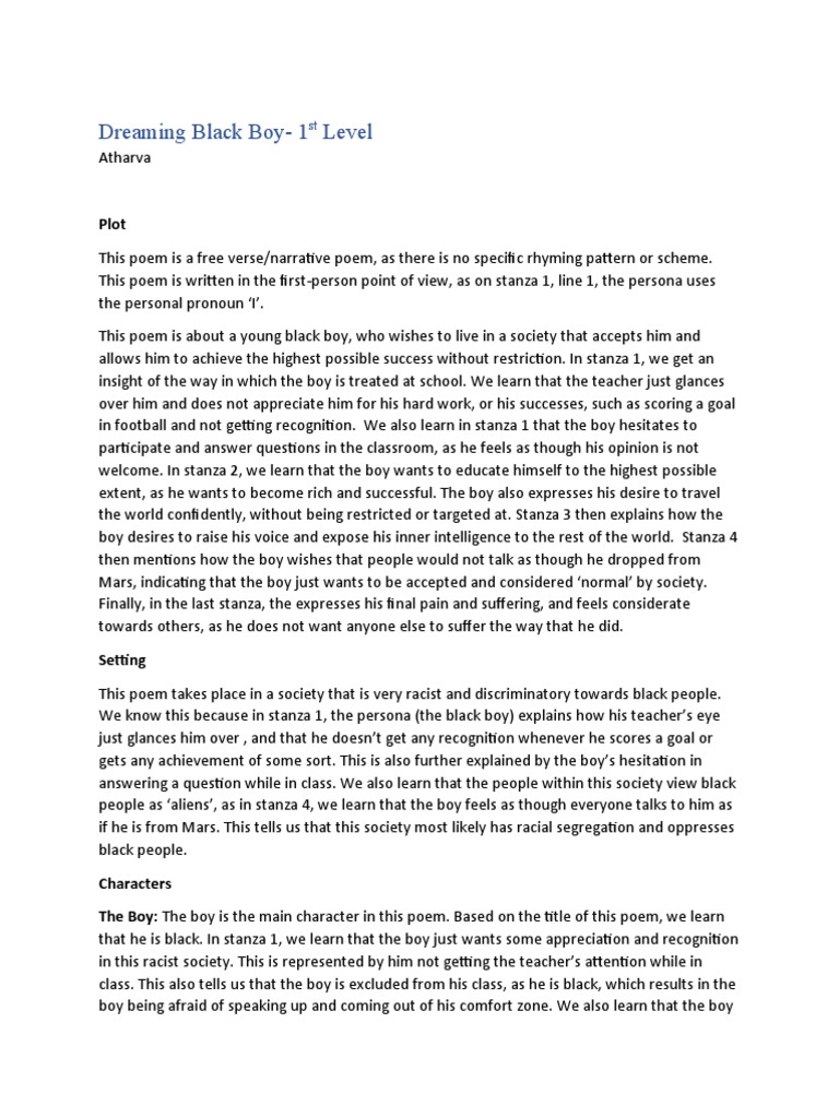 Dreaming Black Boy - 1st Level | PDF | Poetry | Racism