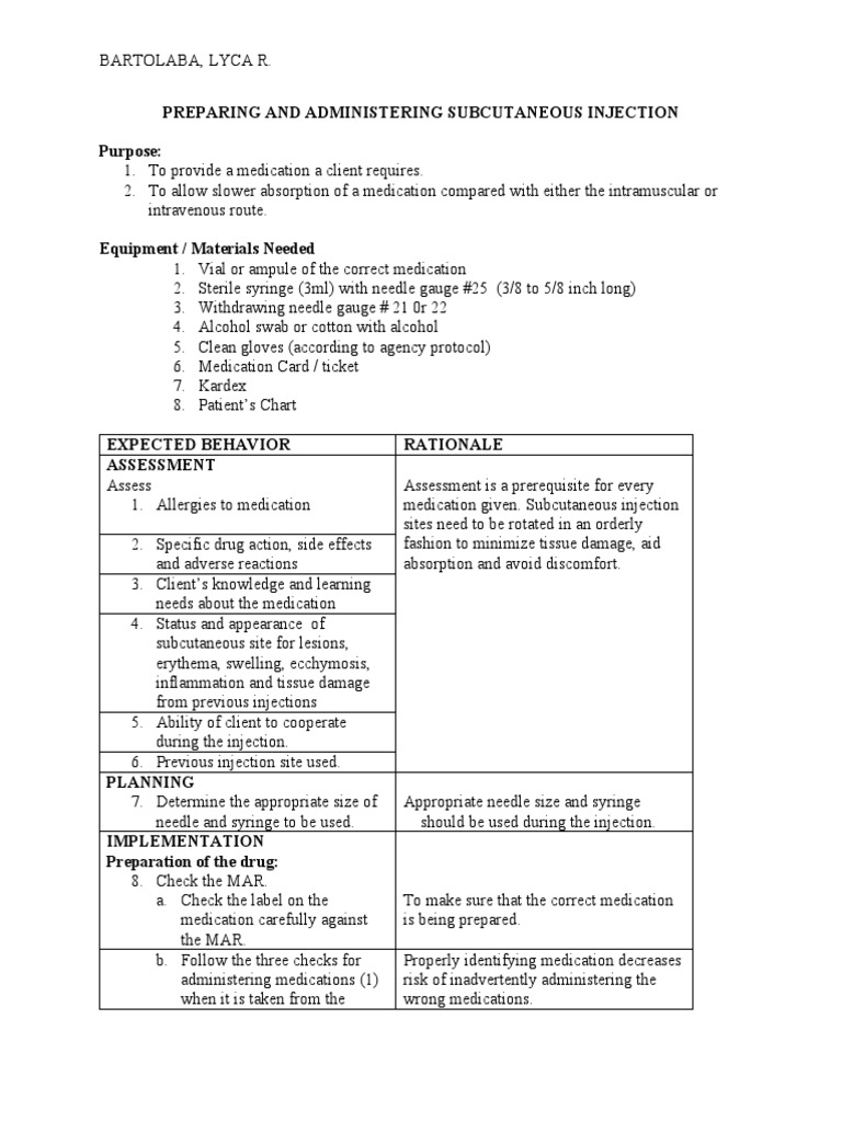 Preparing and Administering Subcutaneous Injection Purpose | PDF ...