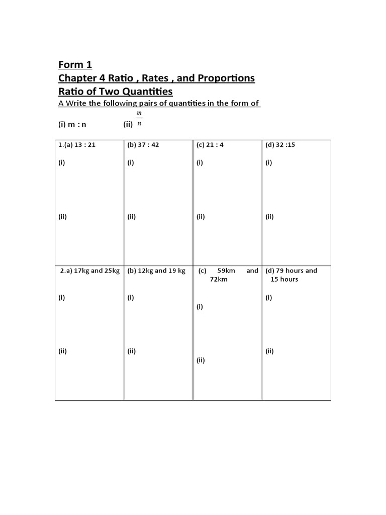 Form 1 Chapter 4 Ratio, Rates and Proportions | PDF | Ratio | Teaching ...