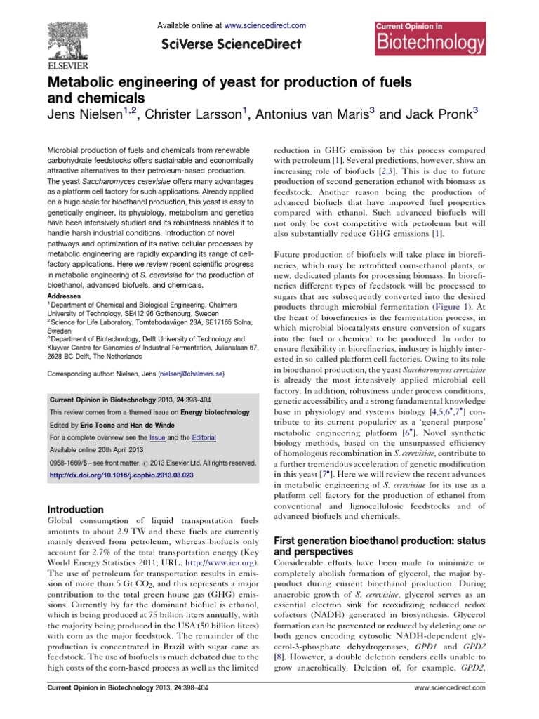 2013 - Metabolic Engineering of Yeast For Production of Fuels | PDF ...