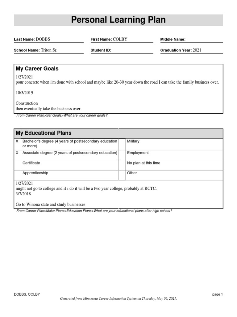 Personal Learning Plan | PDF | Mentorship | Schools