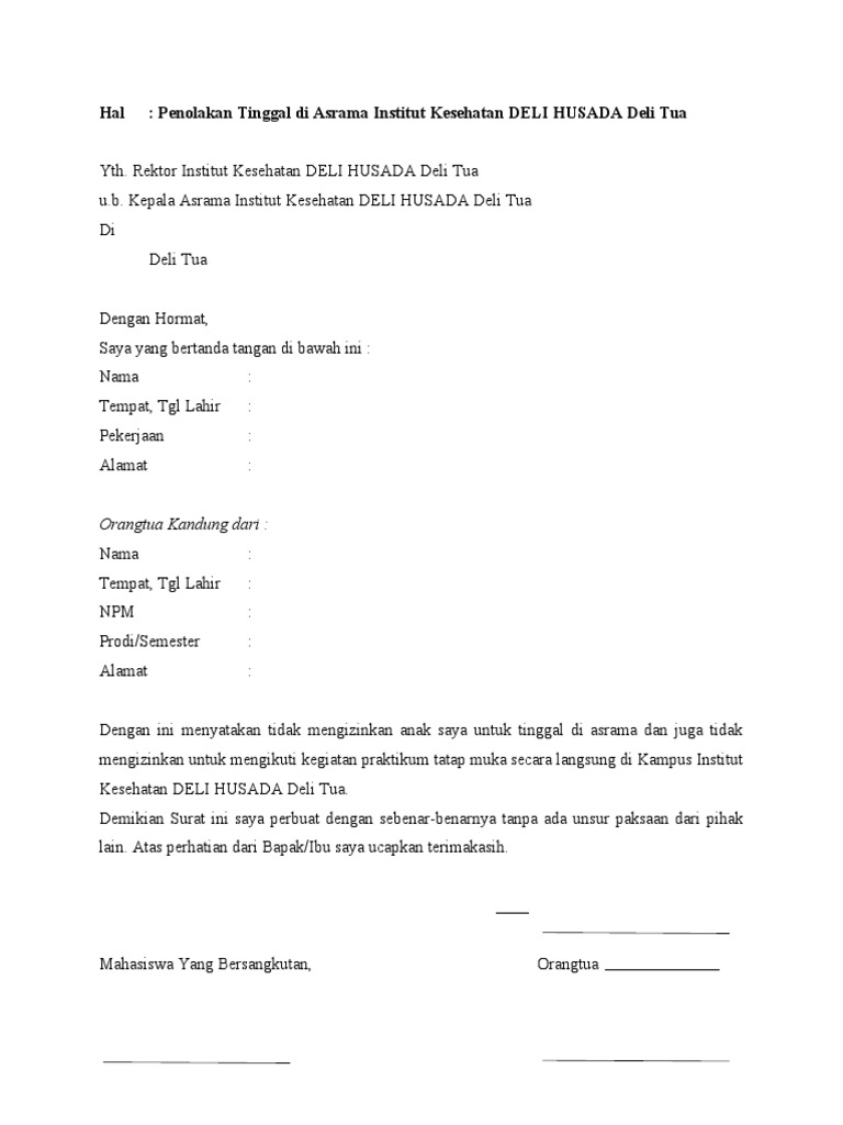 Surat Penolakan Masuk Asrama Dan Praktikum | PDF
