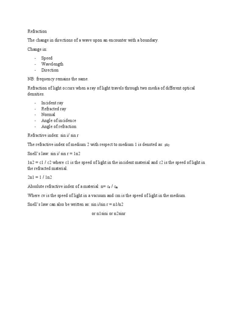 Quick Study Notes On Refraction | PDF | Science & Mathematics