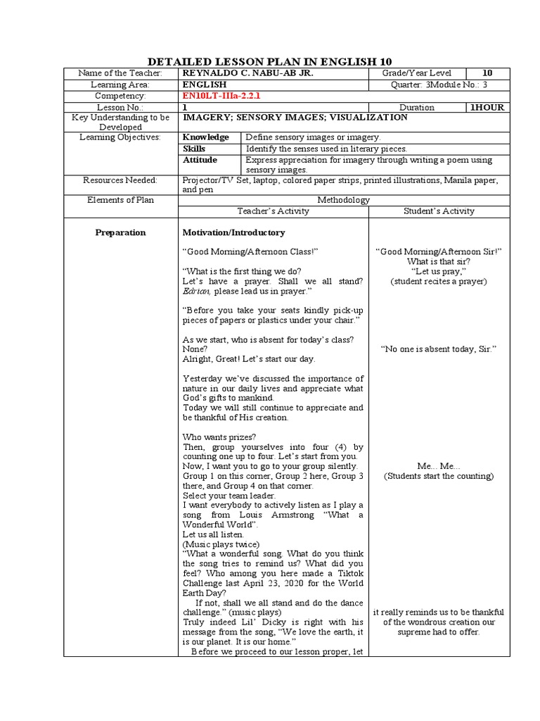 Imagery Sensory Images Visualization Detailed Lesson Plan For Grade 10 ...