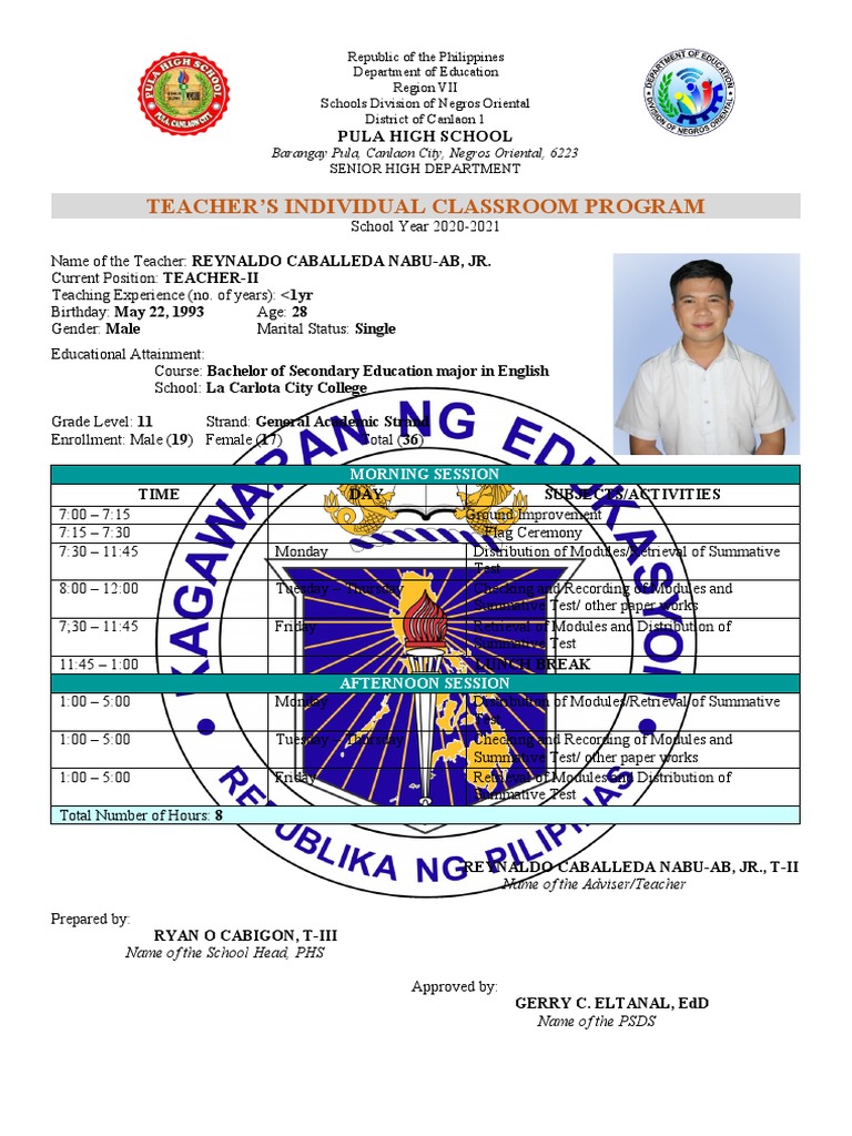 Teacher'S Individual Classroom Program: Pula High School | PDF | Human ...