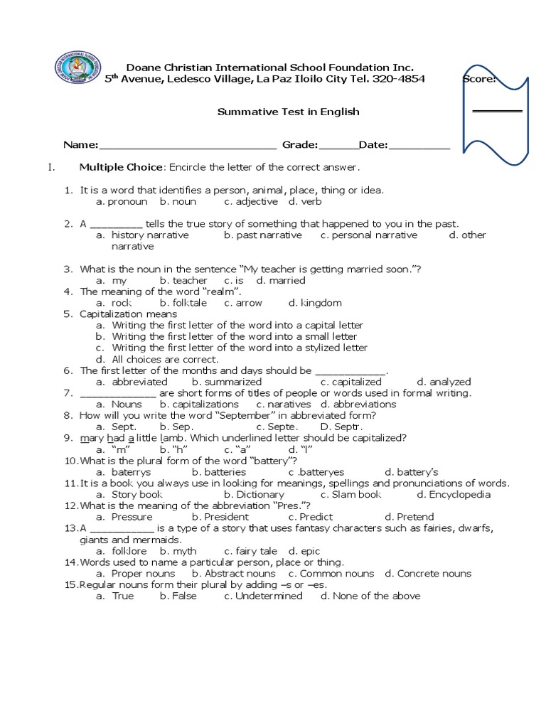 English Summative Test Overview | PDF | Word | Noun