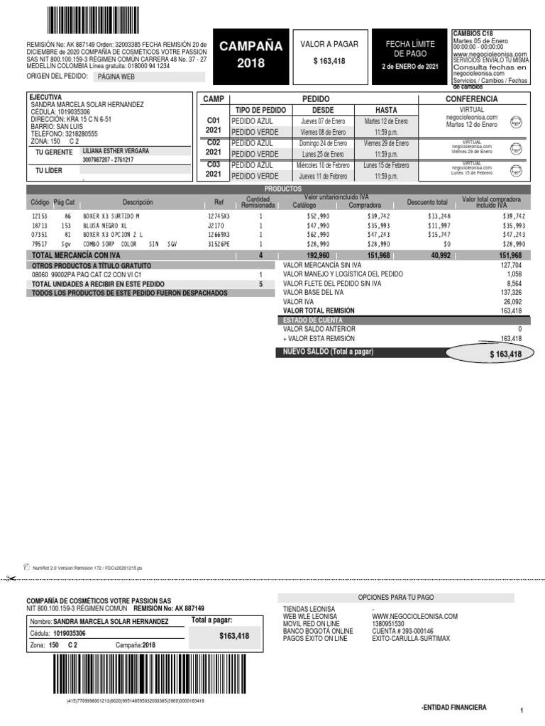 Compania Cosmeticos Votre Passion S.A.S Factura | PDF | Business