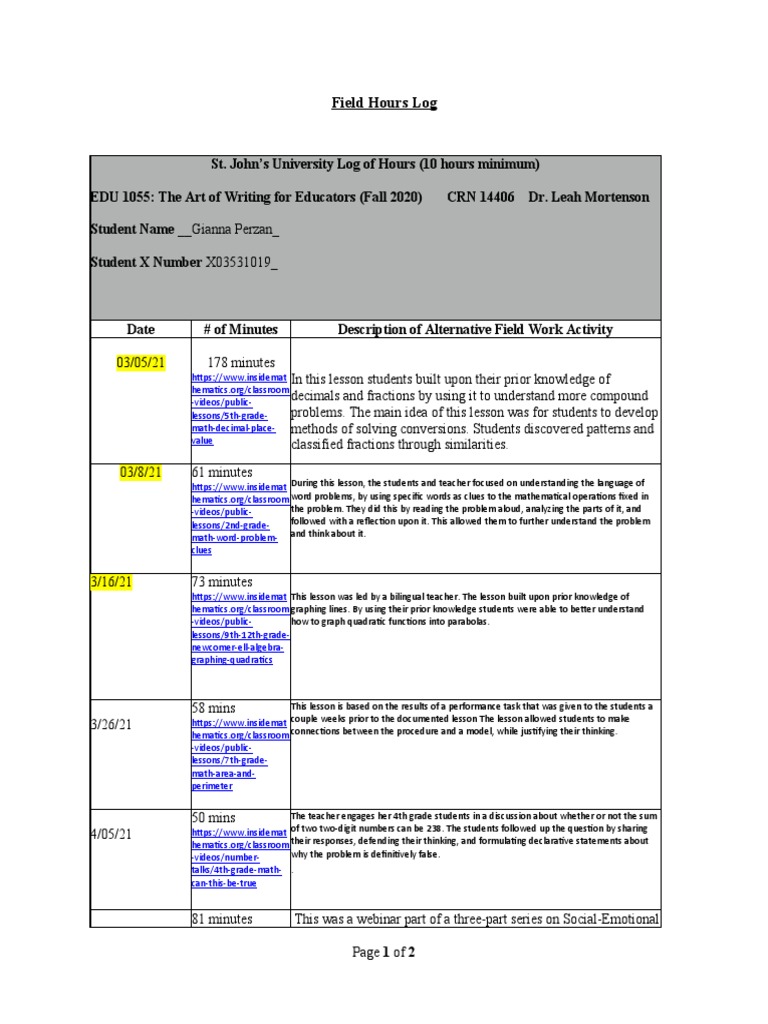 Field Log Hours | PDF | Education Theory | Teachers