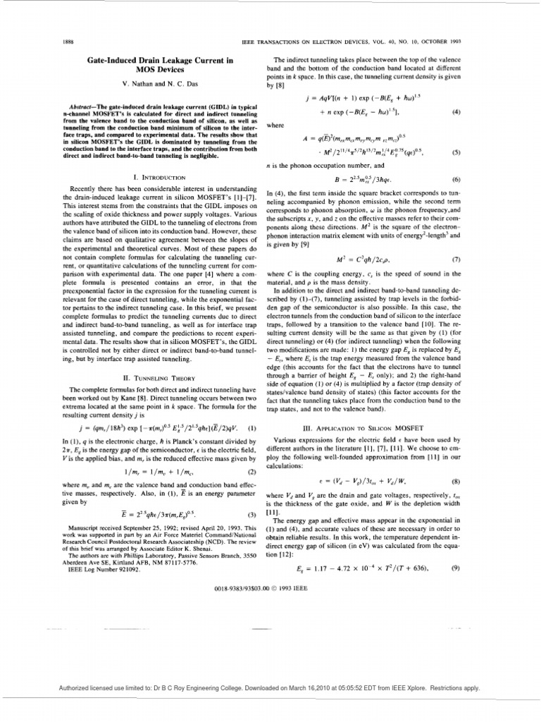 GIDL Current in Silicon MOSFETs | PDF | Quantum Tunnelling | Mosfet