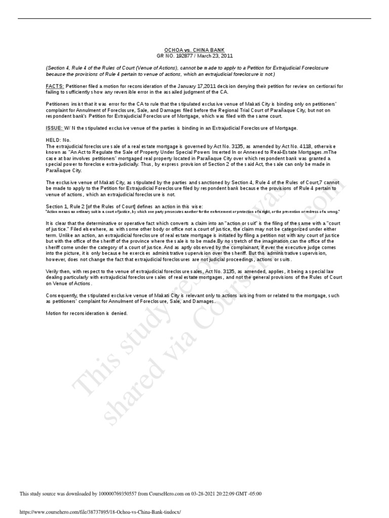 Extrajudicial Foreclosure Venue Ruling | PDF | Foreclosure | Mortgage Law