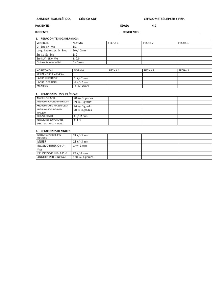 Formato Cefalometria Epker y Fish | PDF | Anatomía humana | Ramas de ...