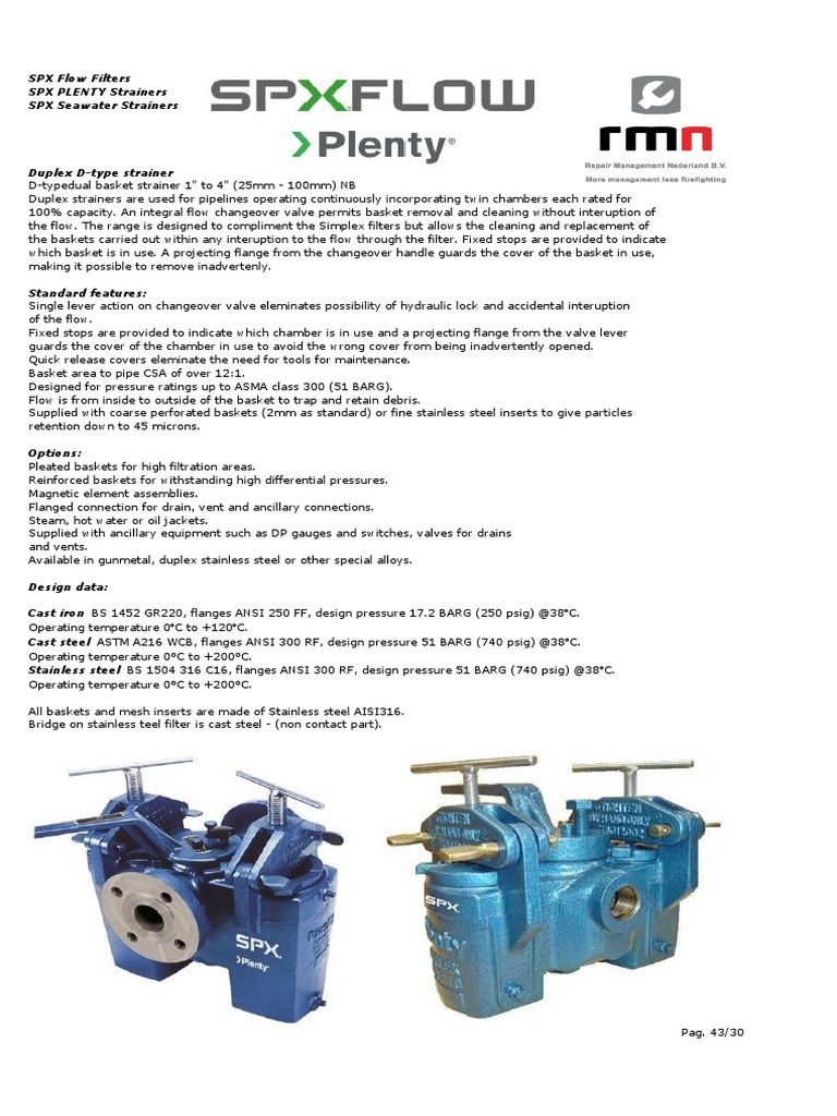 SPX PLENTY Filters and Strainers | PDF | Valve | Mechanical Engineering