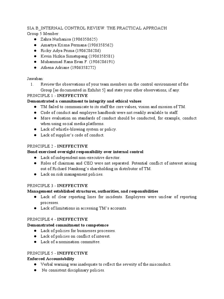 Jawaban Tugas Internal Control Case - SIA B - Group 5 | PDF | Internal Control | Risk