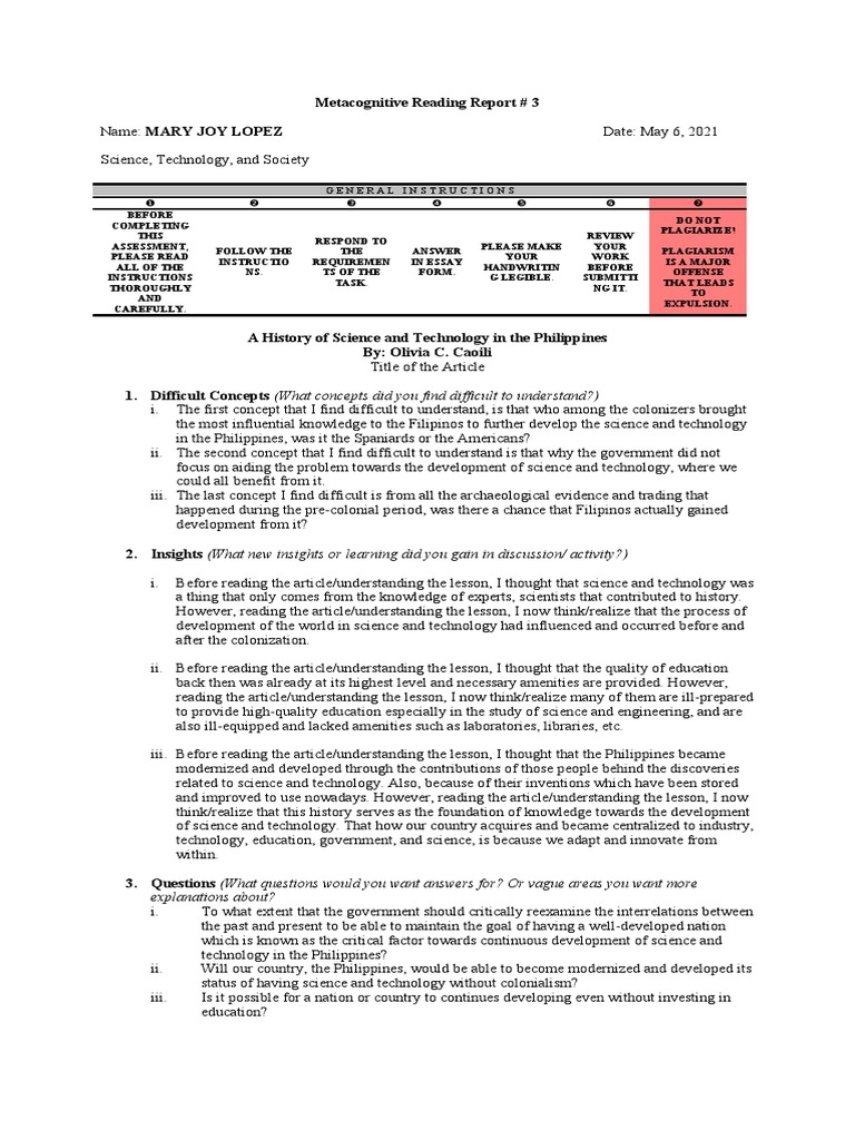Metacognitive Reading Report Template-STS-1 | PDF | Science | Human Nature