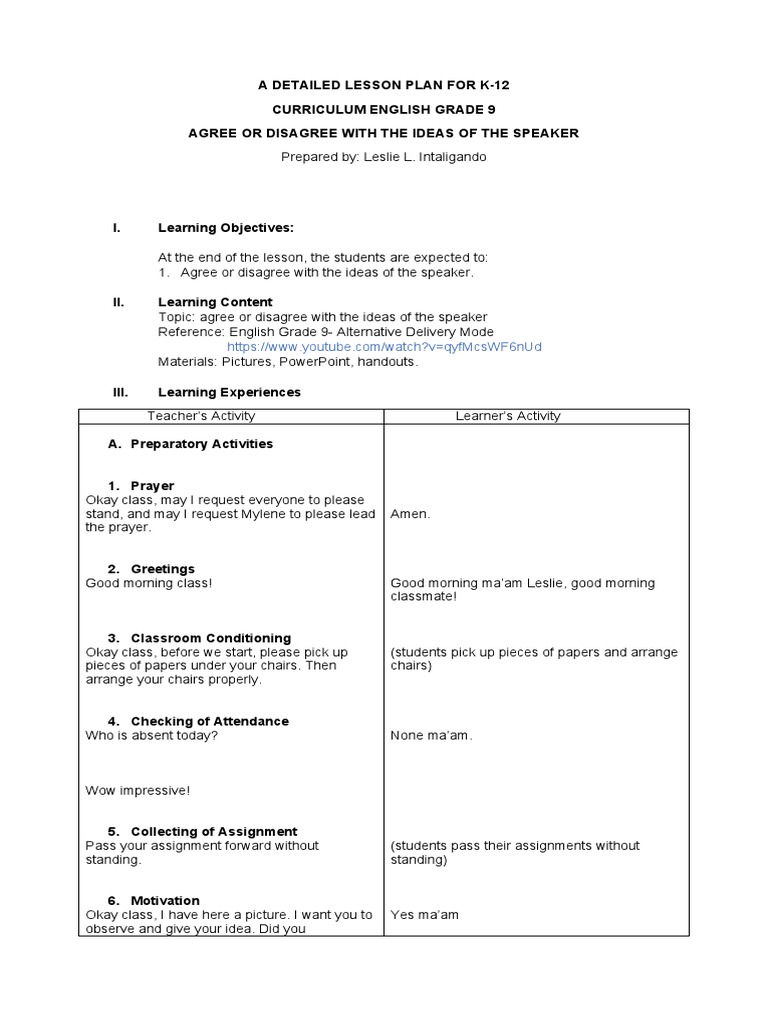 Agreeing and Disagreeing Lesson Plan | PDF | Lesson Plan