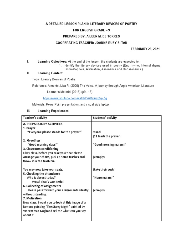 A Detailed Lesson Plan in Literary Devices of Poetry | PDF | Rhyme | Poetry