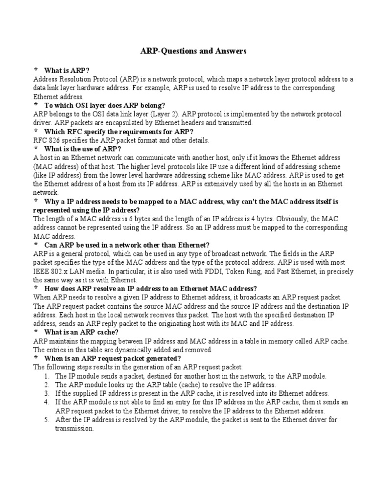 ARP-Questions and Answers: Represented Using The IP Address? | Download Free PDF | Ethernet ...