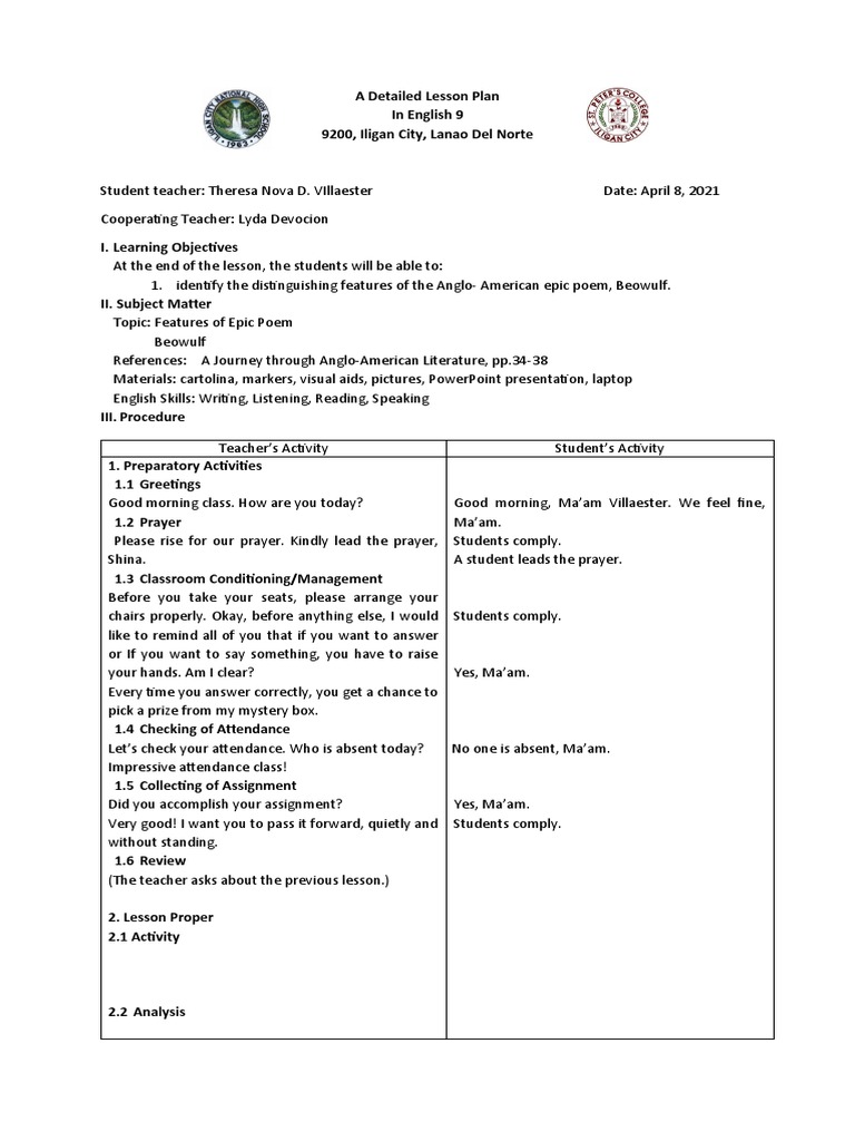 Day 3 (Features of Notable Anglo-American Epic Poetry, Beowulf) | PDF ...