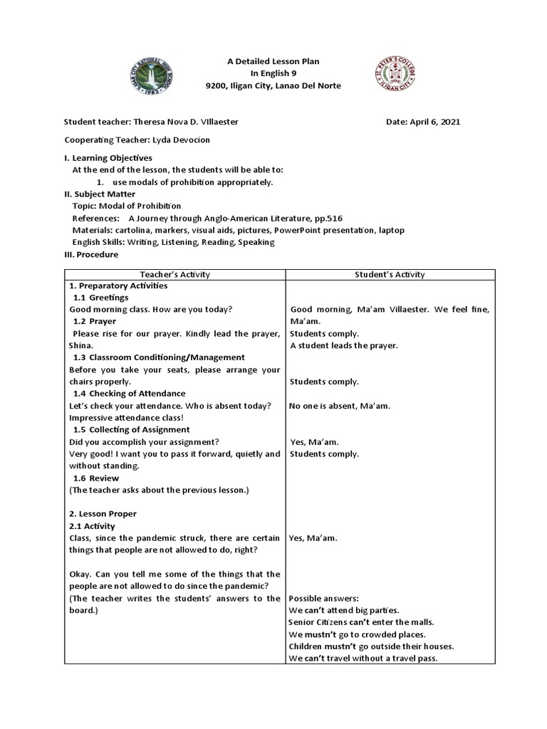 Lesson Plan on Modals of Prohibition | PDF | Lesson Plan | Human Nature