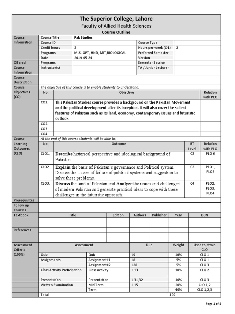 Course Outline Pak Studies New Pdf Pakistan Movement Pakistan