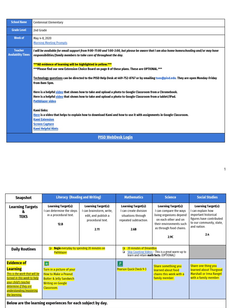 2nd Grade 5 - 4 - 5 - 8 Remote Learning Weekly Plan | PDF | Classroom