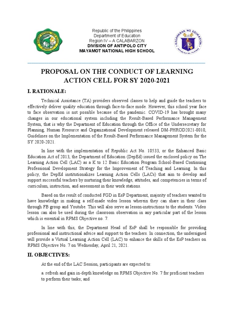 Proposal On The Conduct of Learning Action Cell For Sy 2020-2021 | PDF ...